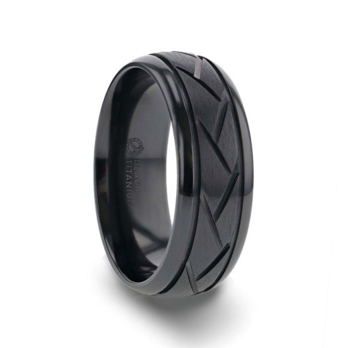 JAX Domed Black Titanium Ring with Brushed Cross Alternating Diagonal