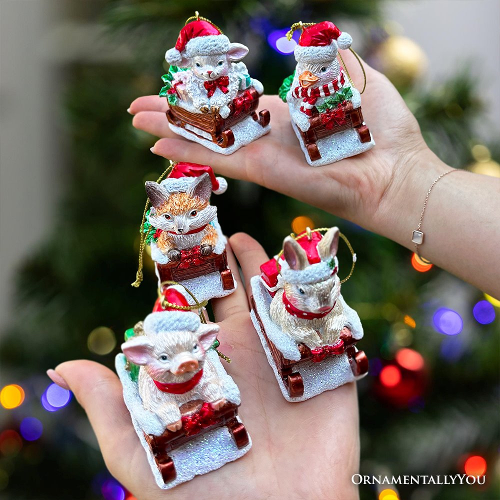 Sleigh-Borne Animal Ensemble Set of 5 Christmas Ornaments, Horse, Goat ...