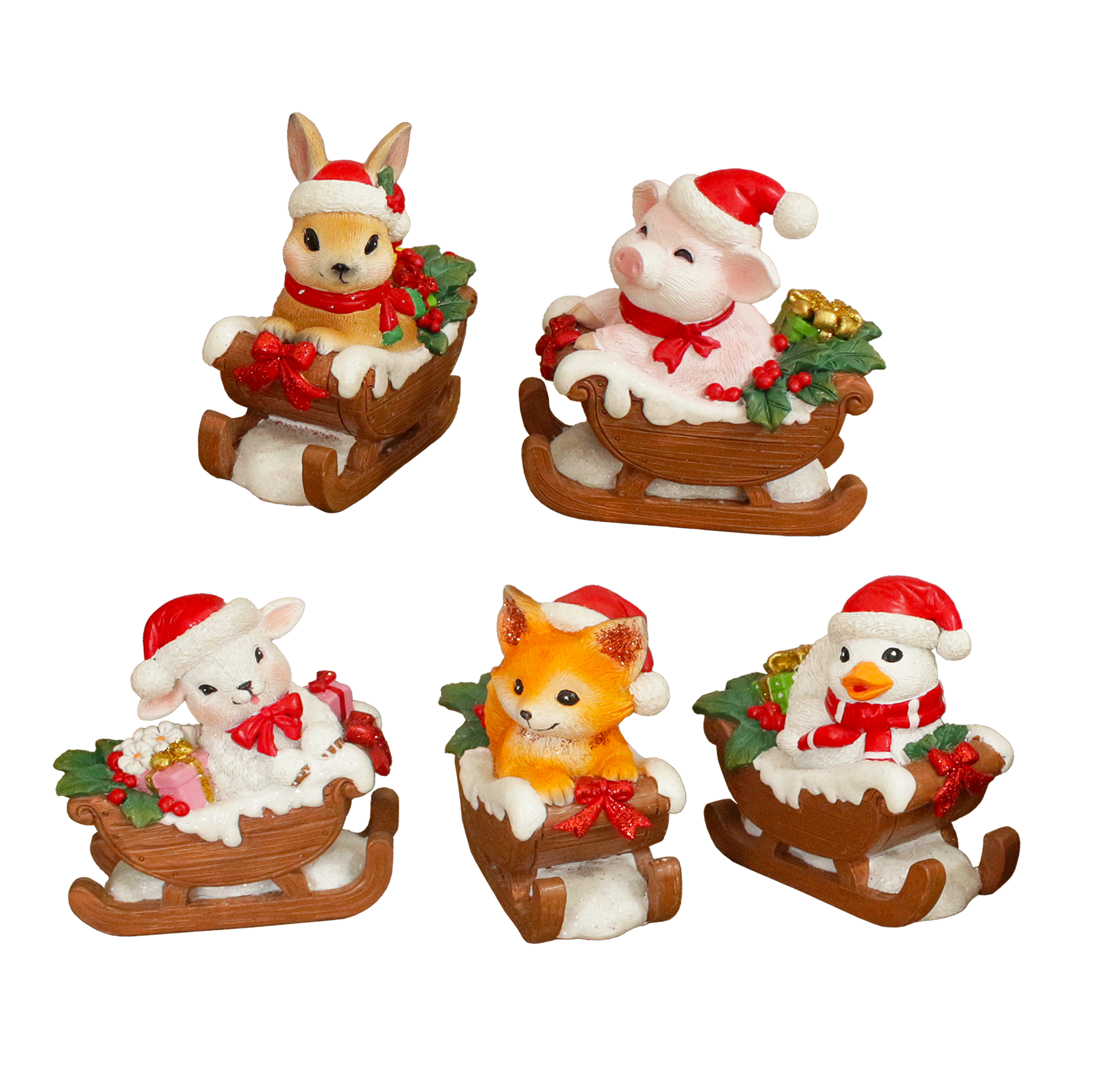 Christmas Critters Animals on Sleighs Set of Five Figurines, 5" Tablet ...