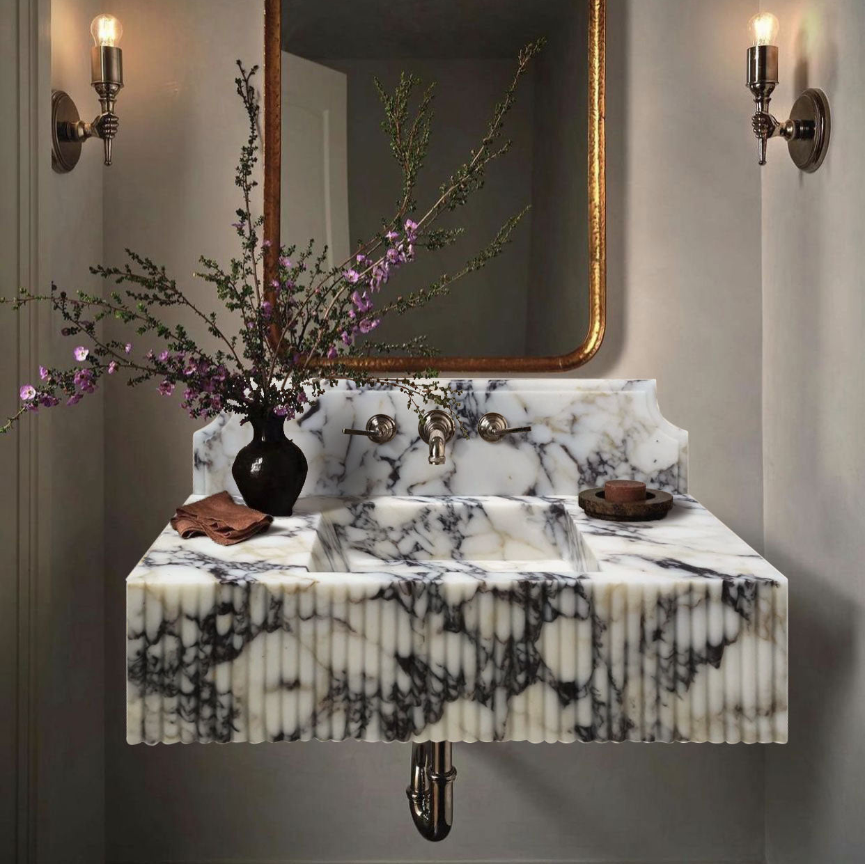Calacatta Viola Marble Wall-mount Bathroom Vanity Sink Fluted Front (W ...