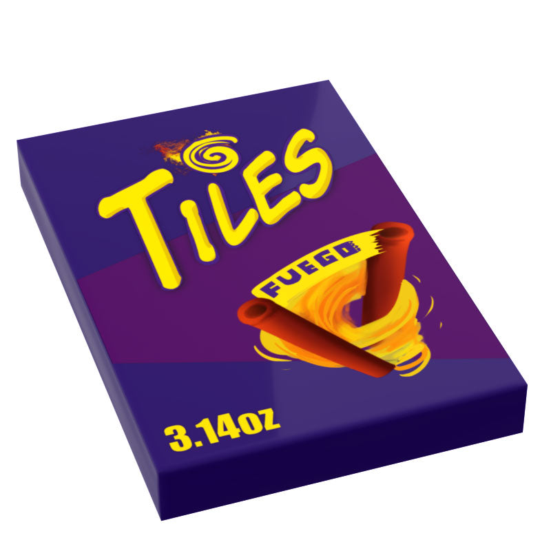 Spicy Chip Tiles Fuego Minifig Snack (2x3 Tile) made using LEGO parts