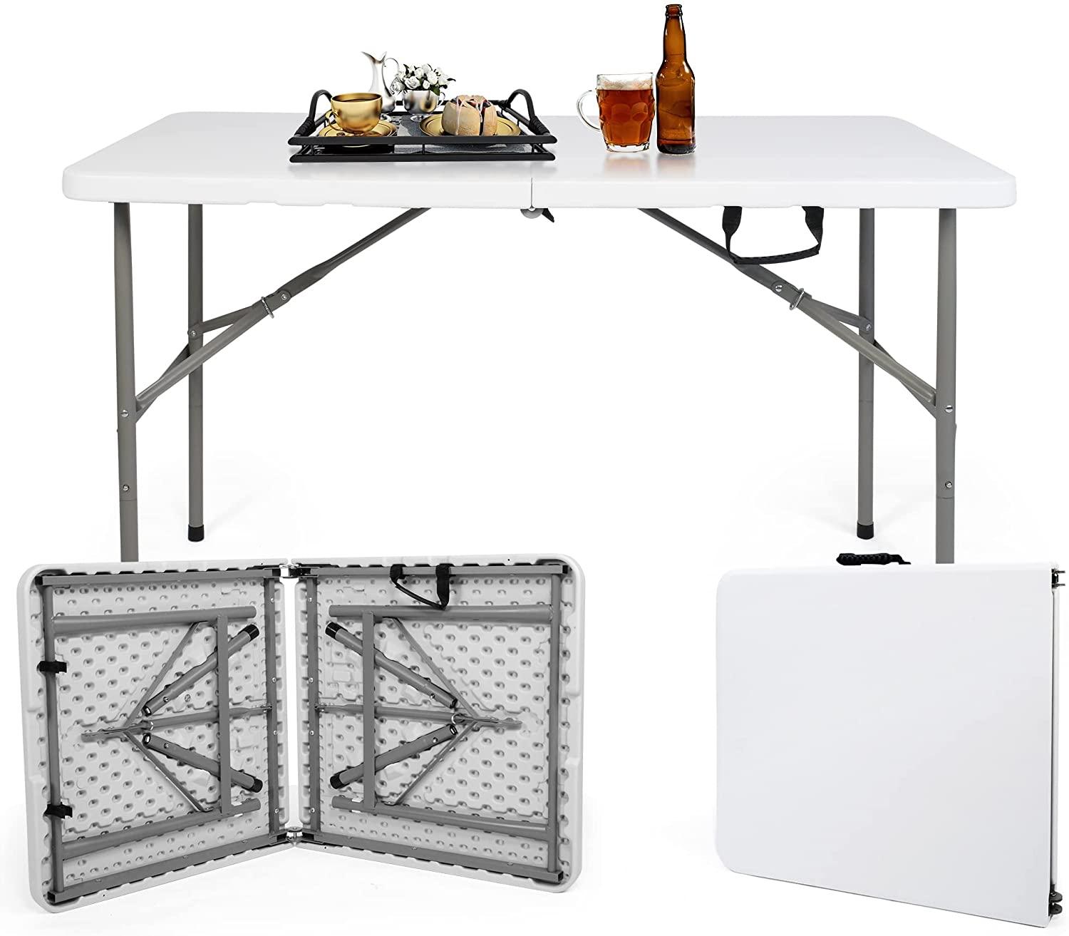 4FT Fold-in-Half Camping Table 48'' White Portable Folding Table w/Han ...
